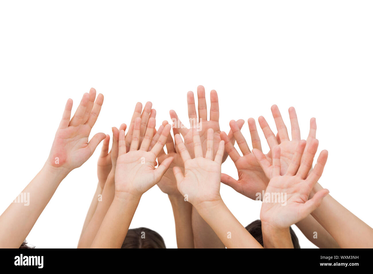 People raising hands in the air on white background Stock Photo - Alamy