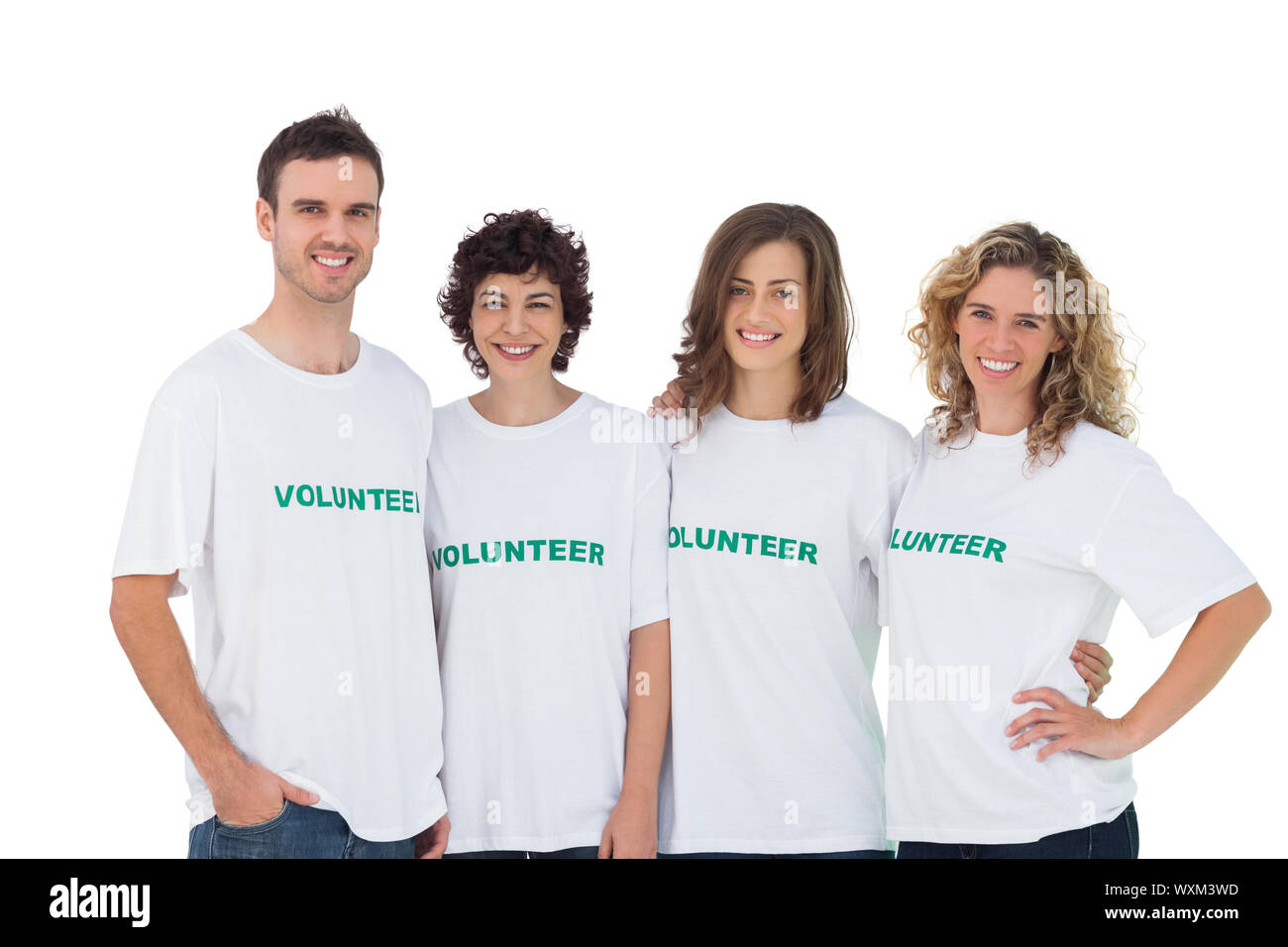 Cheerful group of volunteers on white background Stock Photo - Alamy