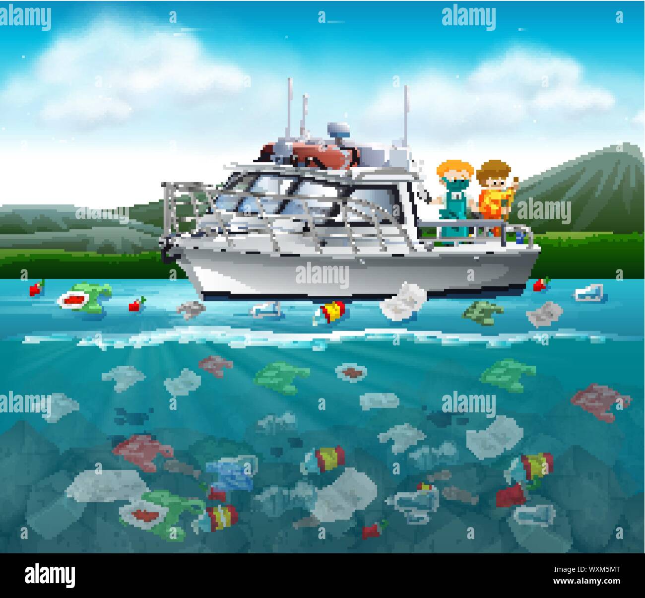 Water pollution with plastic bags in ocean illustration Stock Vector ...