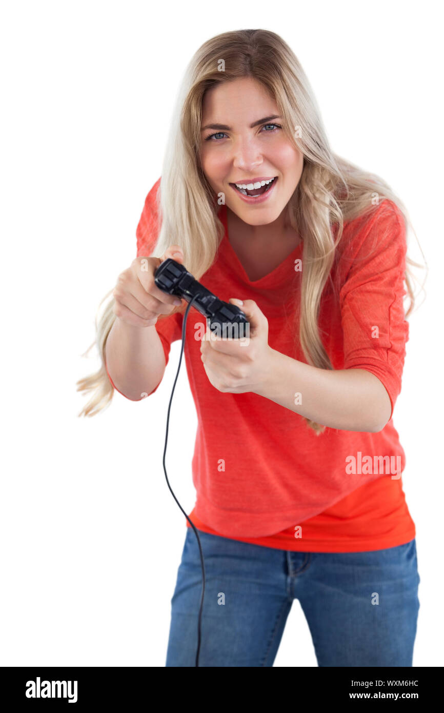 Blonde woman playing video games hi-res stock photography and images ...