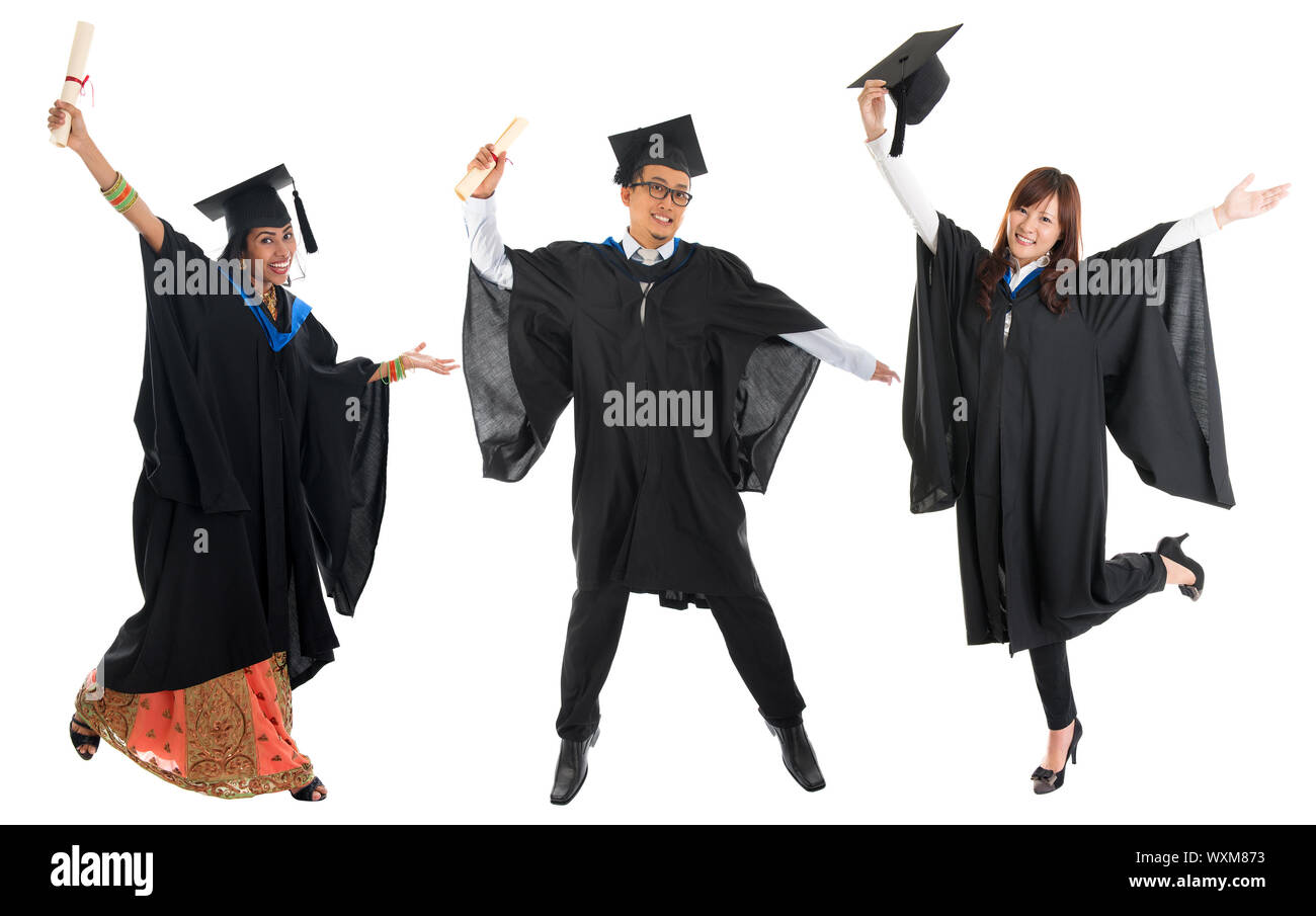 Full body group of multi races university student in graduation gown ...
