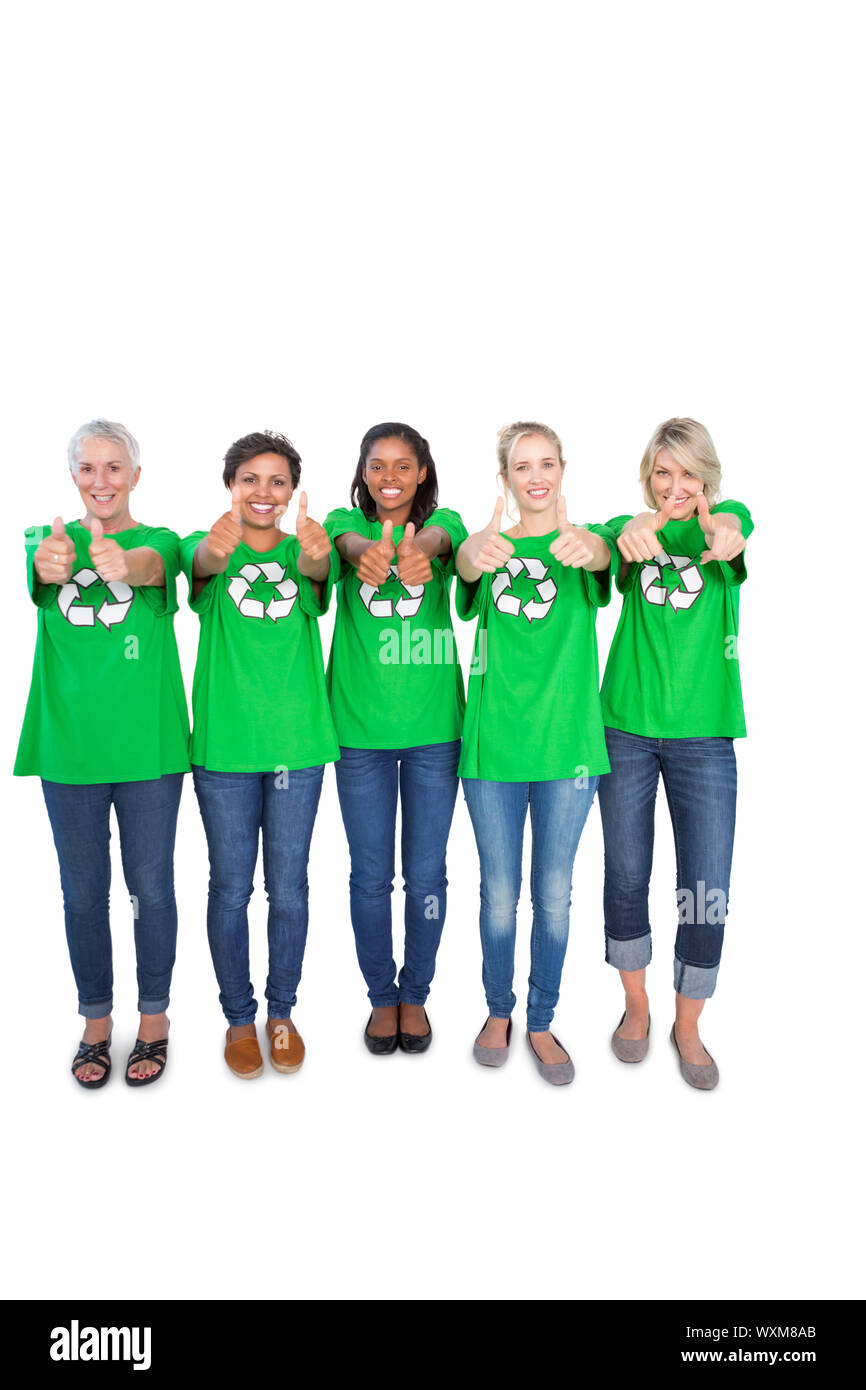 Team of happy female environmental activists giving thumbs up on white ...