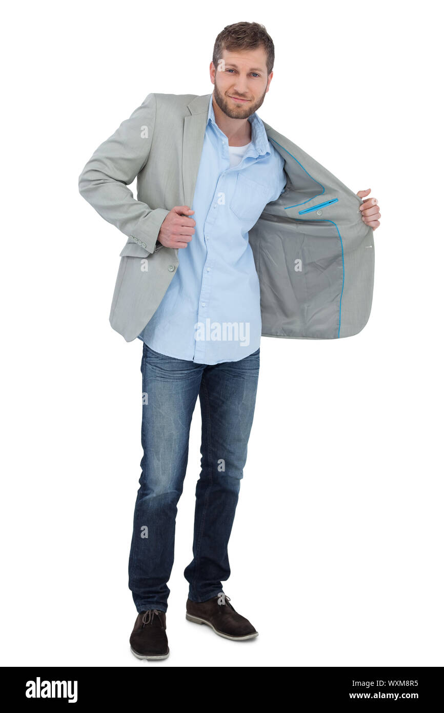 Trendy model posing in blazer on white background Stock Photo - Alamy