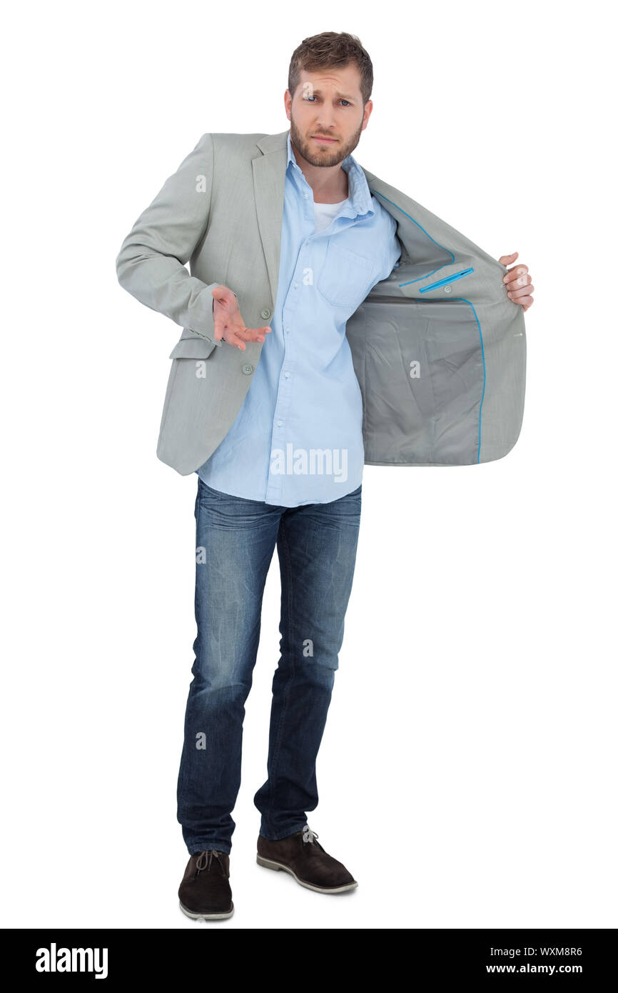 Trendy model wearing blazer on white background Stock Photo - Alamy