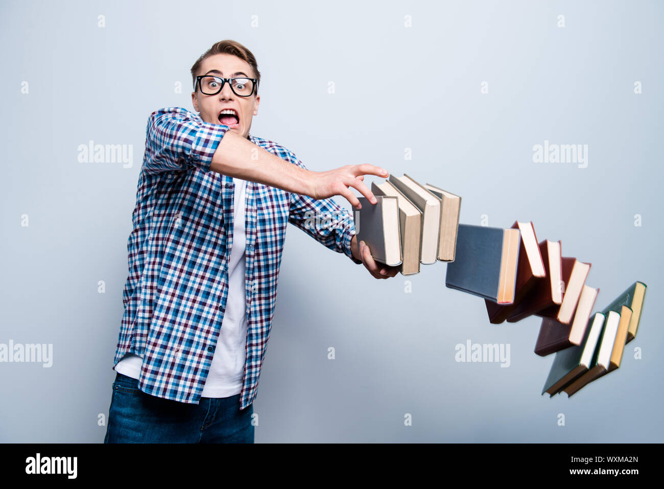 Portrait of fail man in street style wear, stumbled and scattere Stock ...