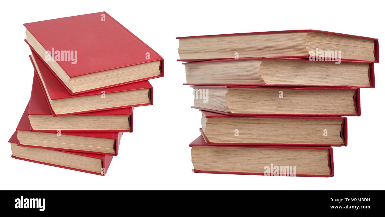 Two piles of red books isolated on white background Stock Photo - Alamy