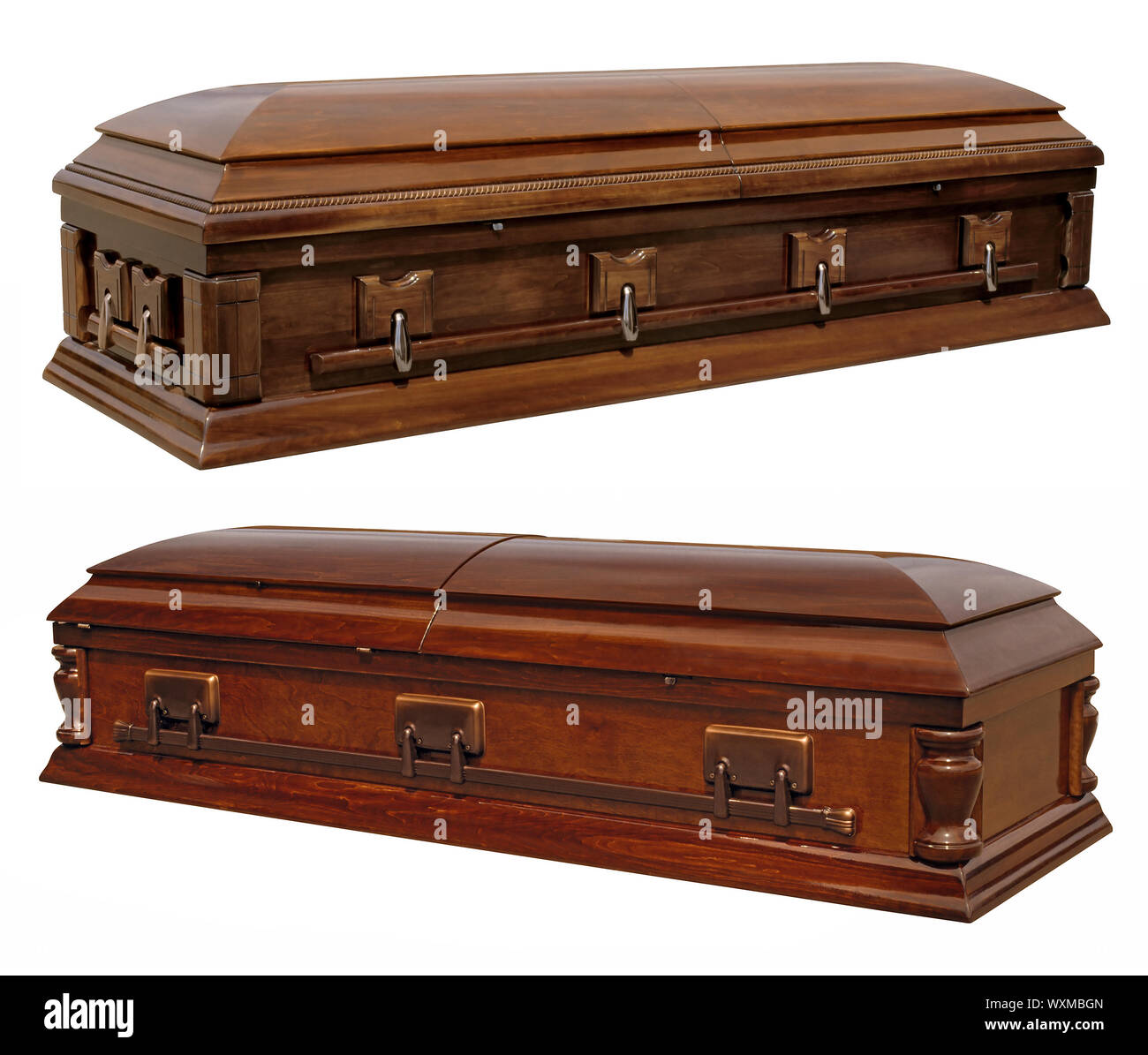 Photographs of two wooden coffins isolated on white. Clipping paths ...