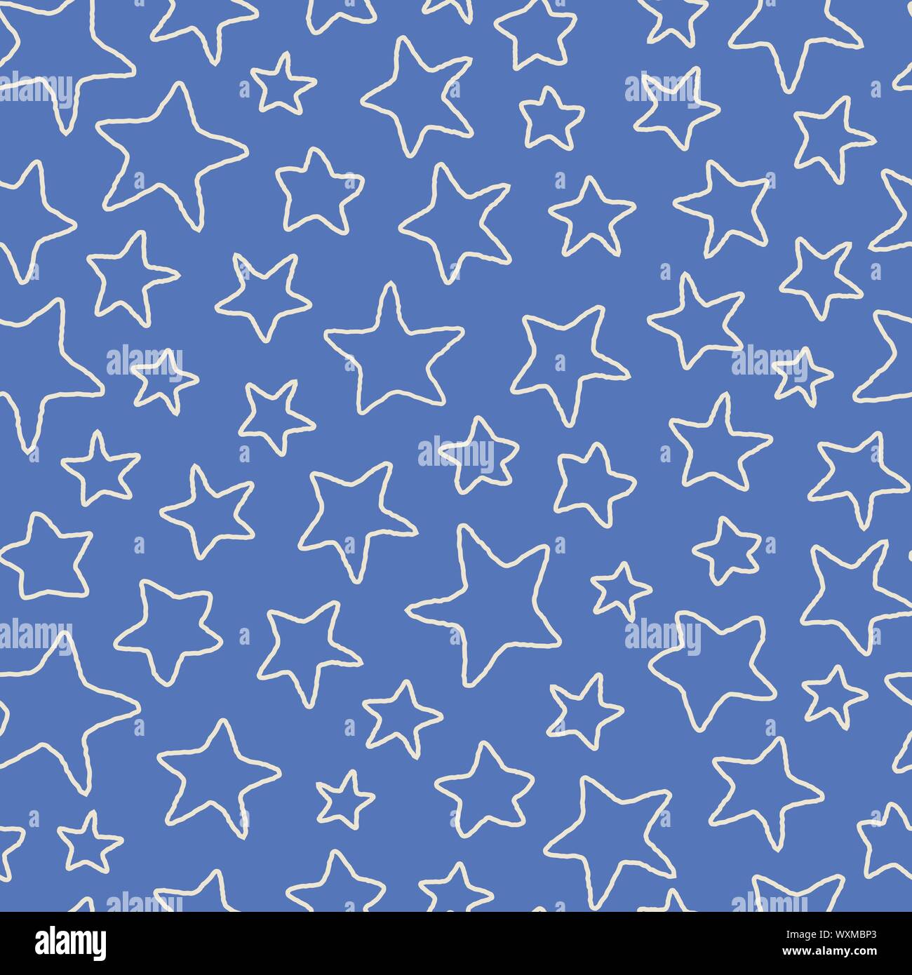 Fun outlined star tossed seamless pattern in blue and white. A hand ...