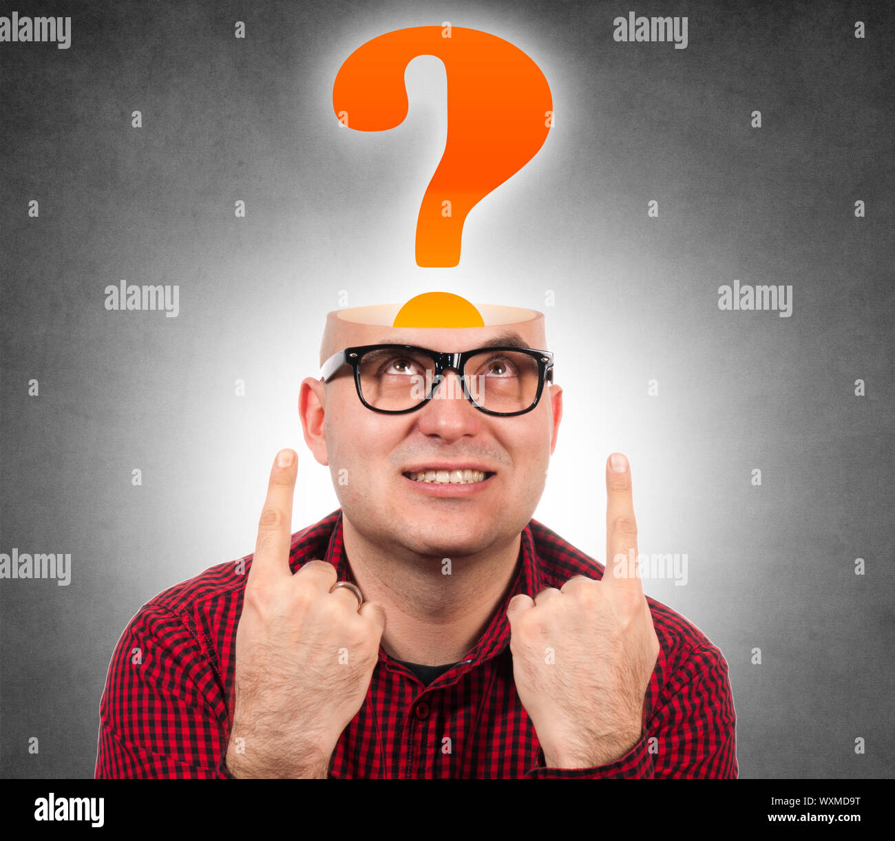 Funny man with the opened head and question mark Stock Photo - Alamy