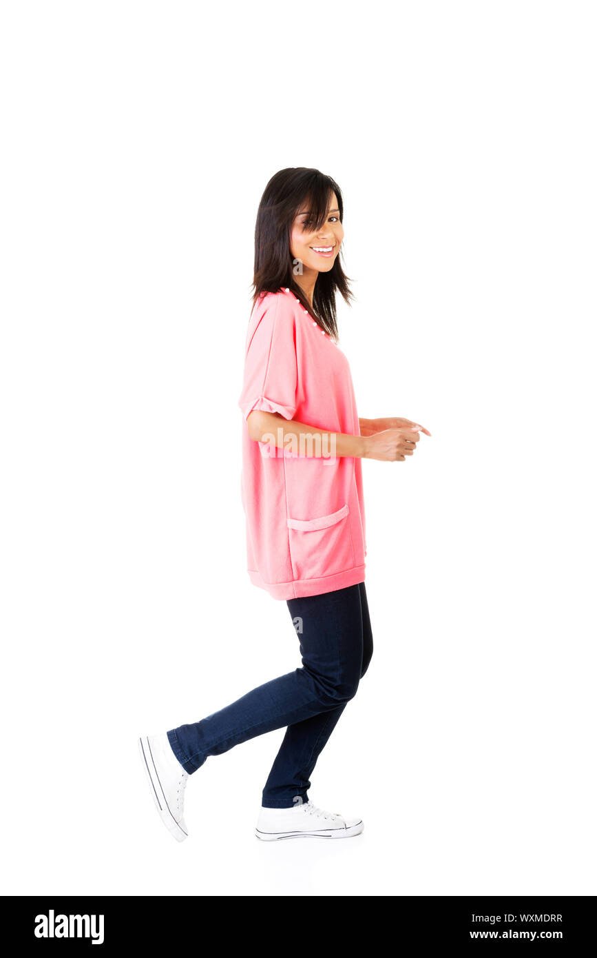 Happy student girl running, isoalated on white background Stock Photo ...