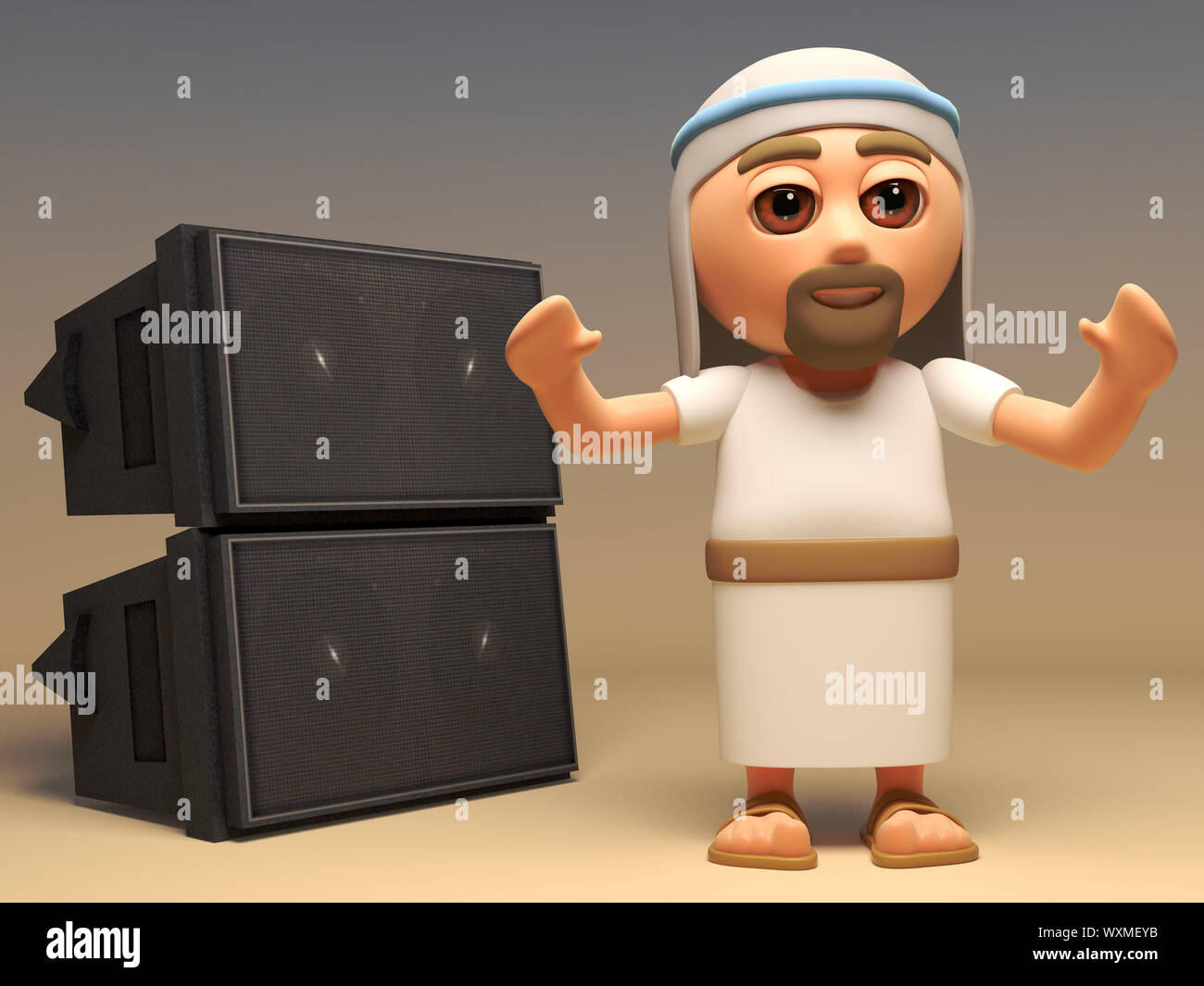 3d cartoon Jesus Christ character stands in front of a speaker sound ...