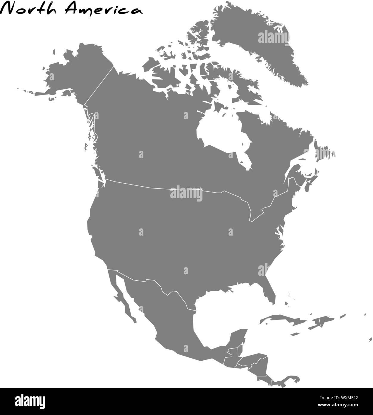 High quality map of North America with borders of the regions Stock ...