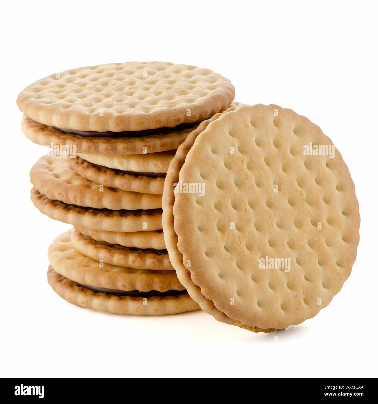 Sandwich biscuits with chocolate filling on a white background Stock ...