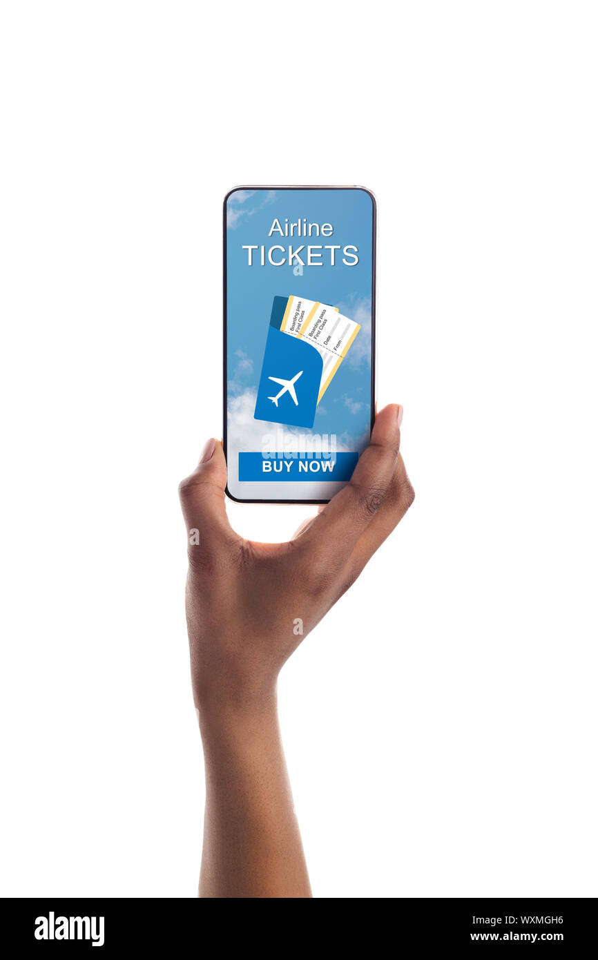 Application for airline tickets on cellphone screen in wonman's hand ...
