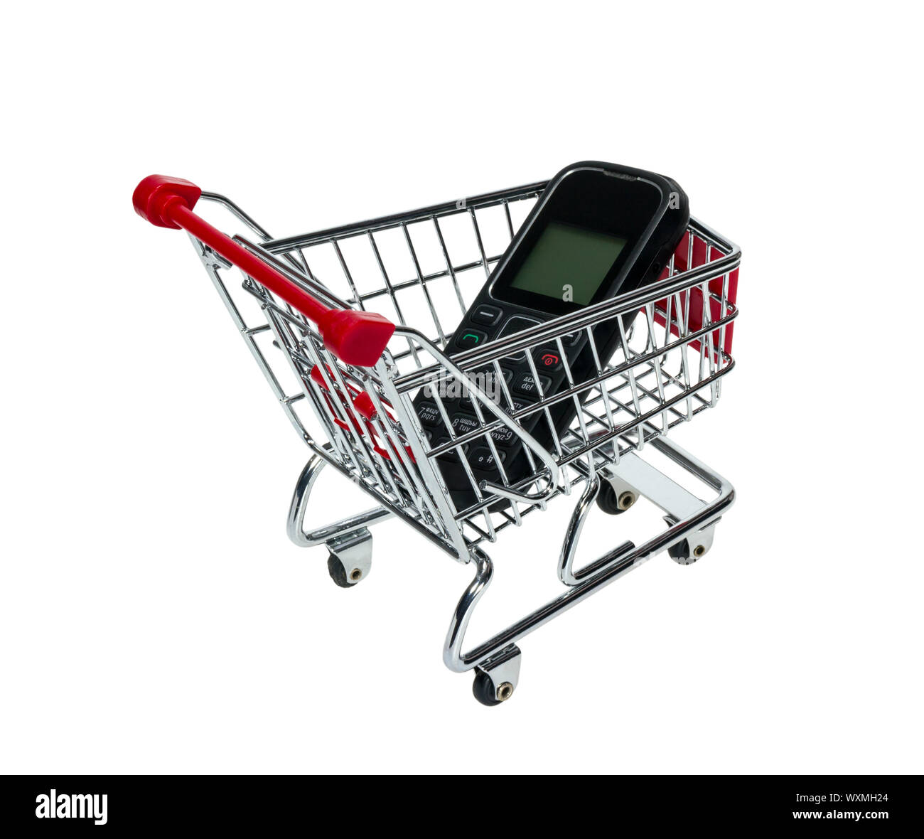 Shopping Cart with a cell phone isolated on white background Stock ...
