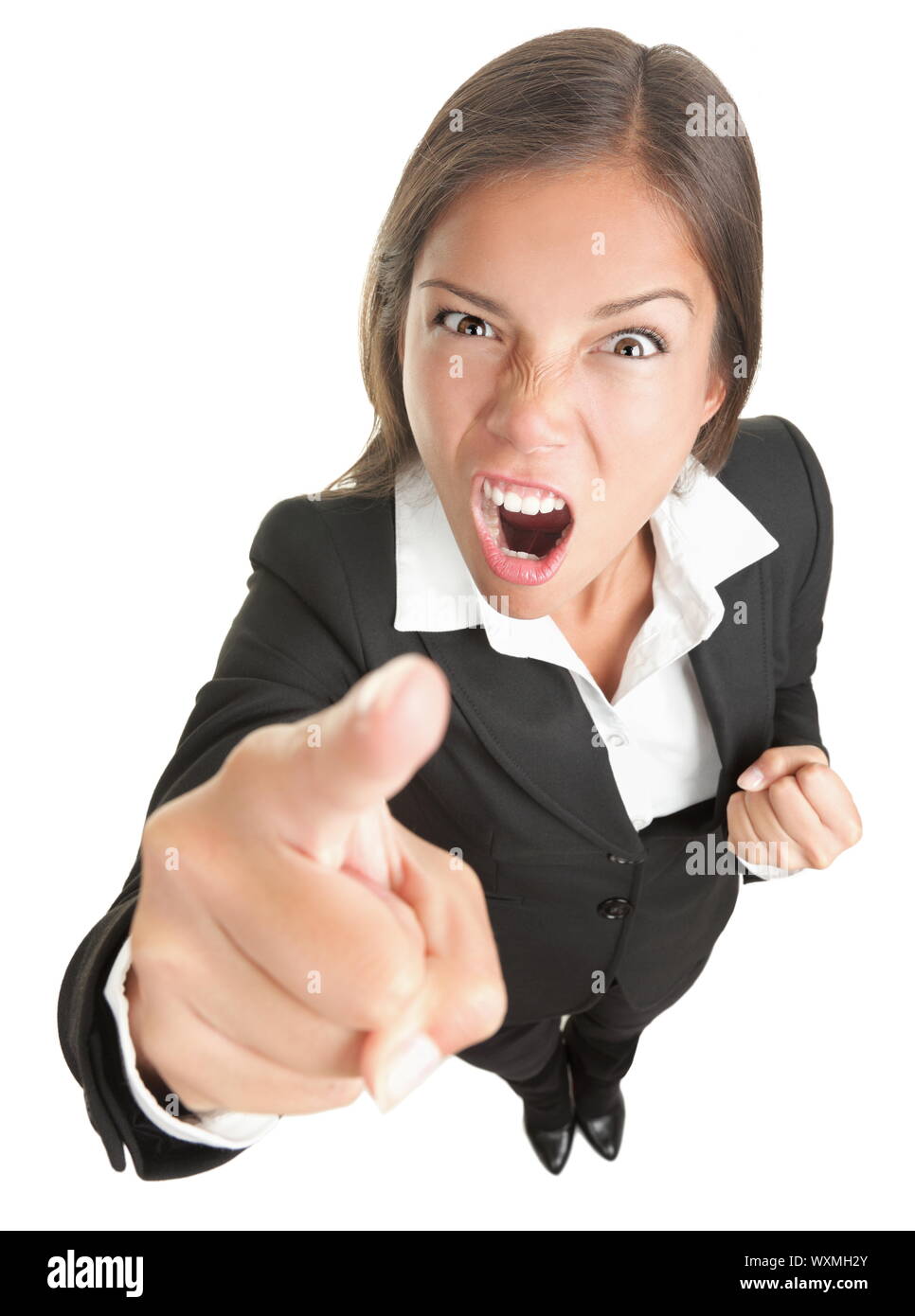 Angry funny businesswoman isolated on white background looking and ...