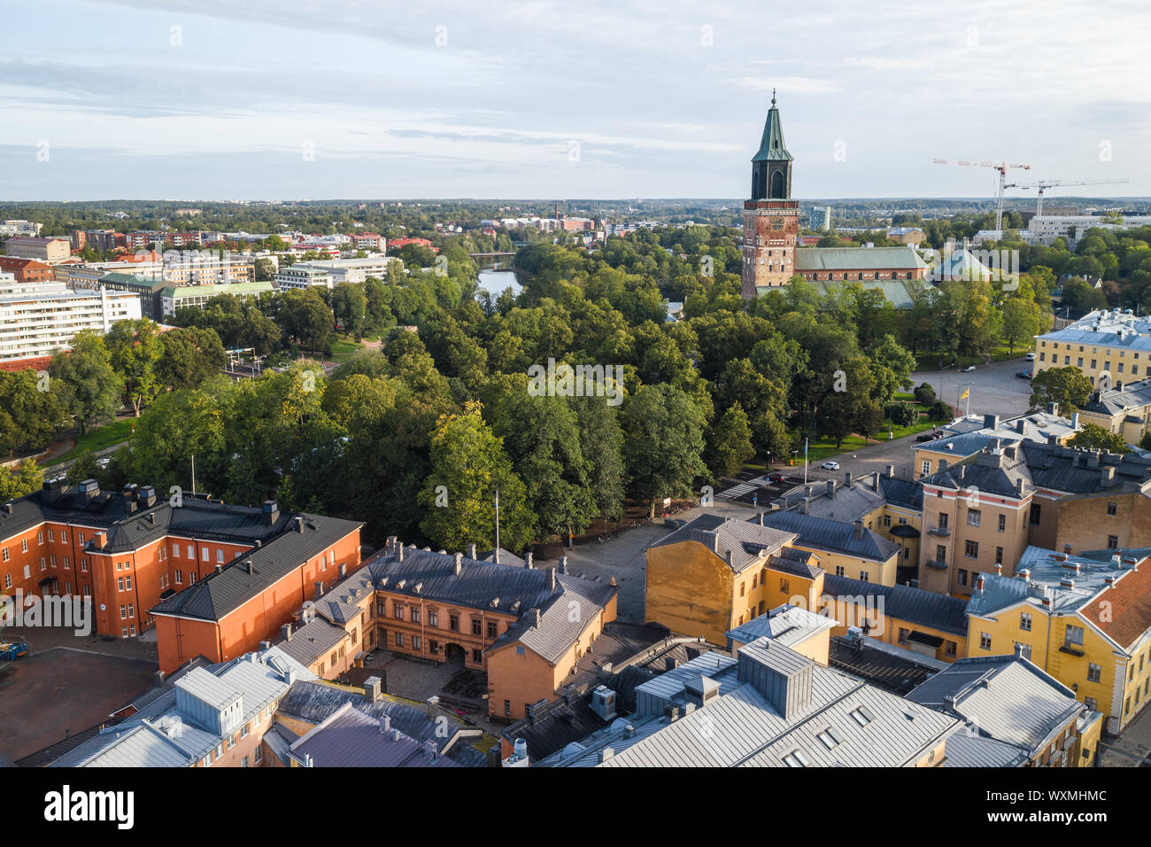 Aerial view of the old great square and Cathedral of Turku at summer in ...