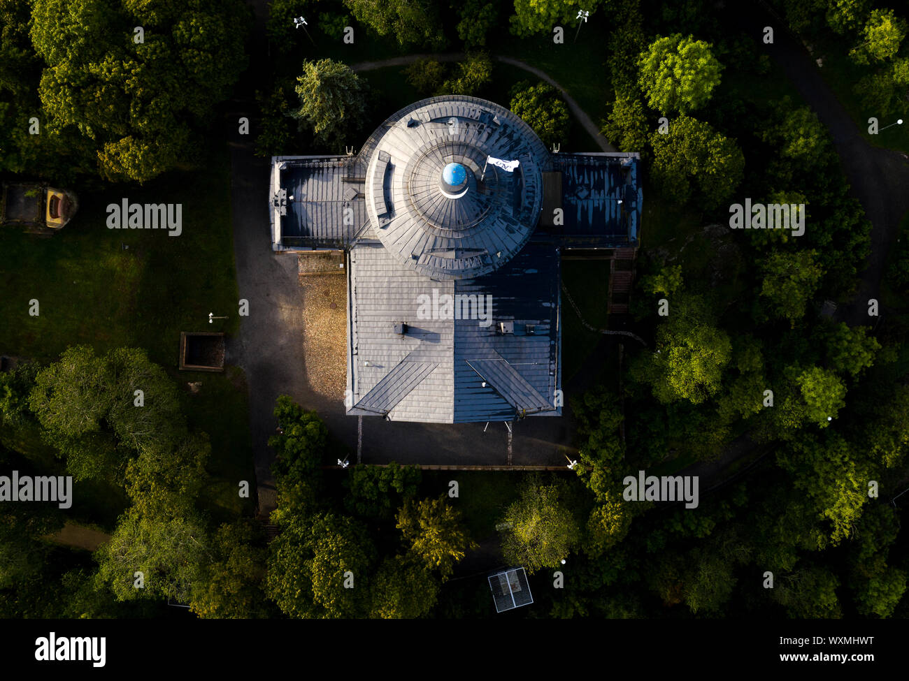 Aerial view of the old observatory building on Vartiovuori hill owned ...