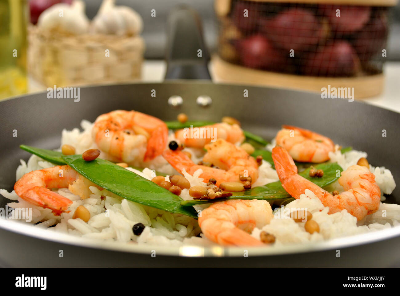 grilled shrimp with organic rice and vegetable Stock Photo - Alamy