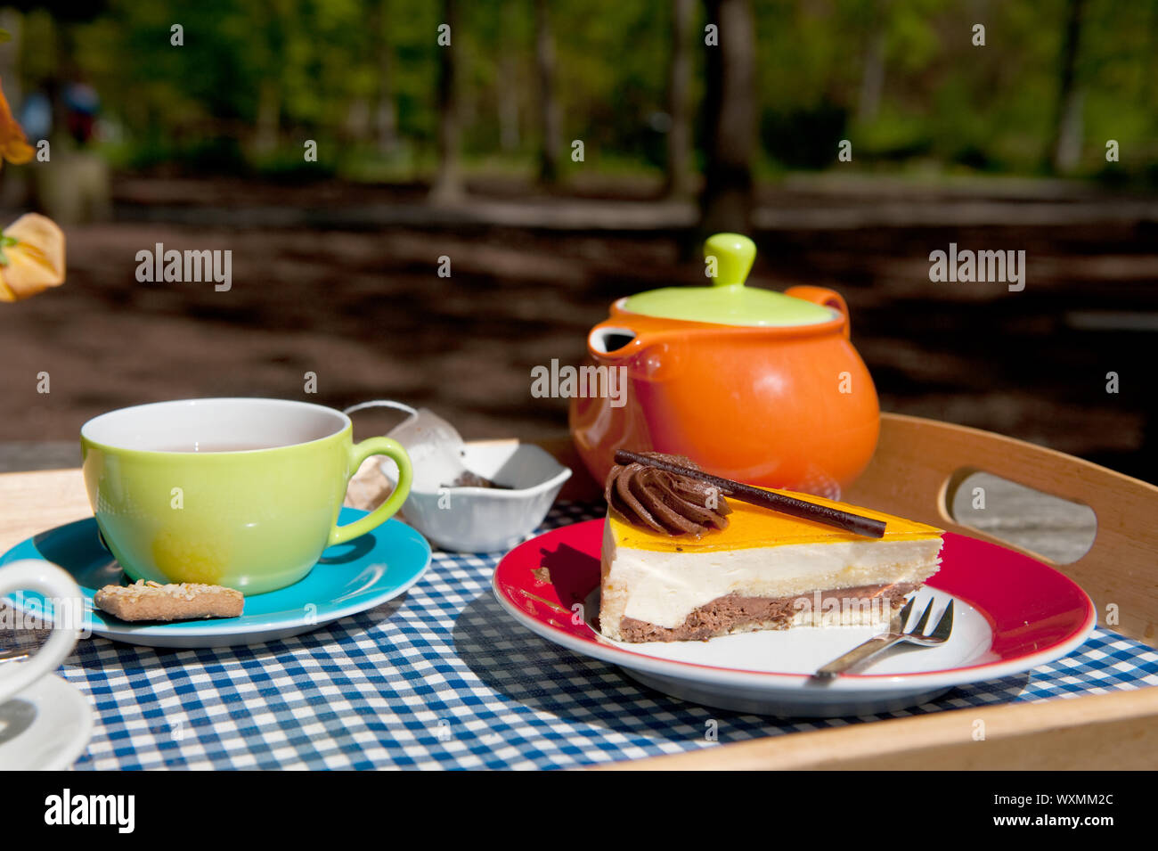 cup of tea outdoor in cheerful crockery Stock Photo - Alamy