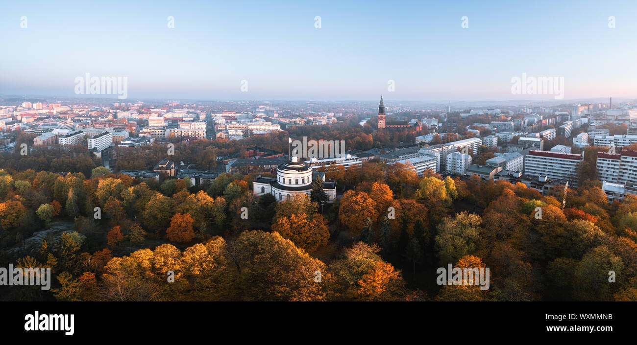 Aerial panorama of fall foliage and the city center with Turku ...