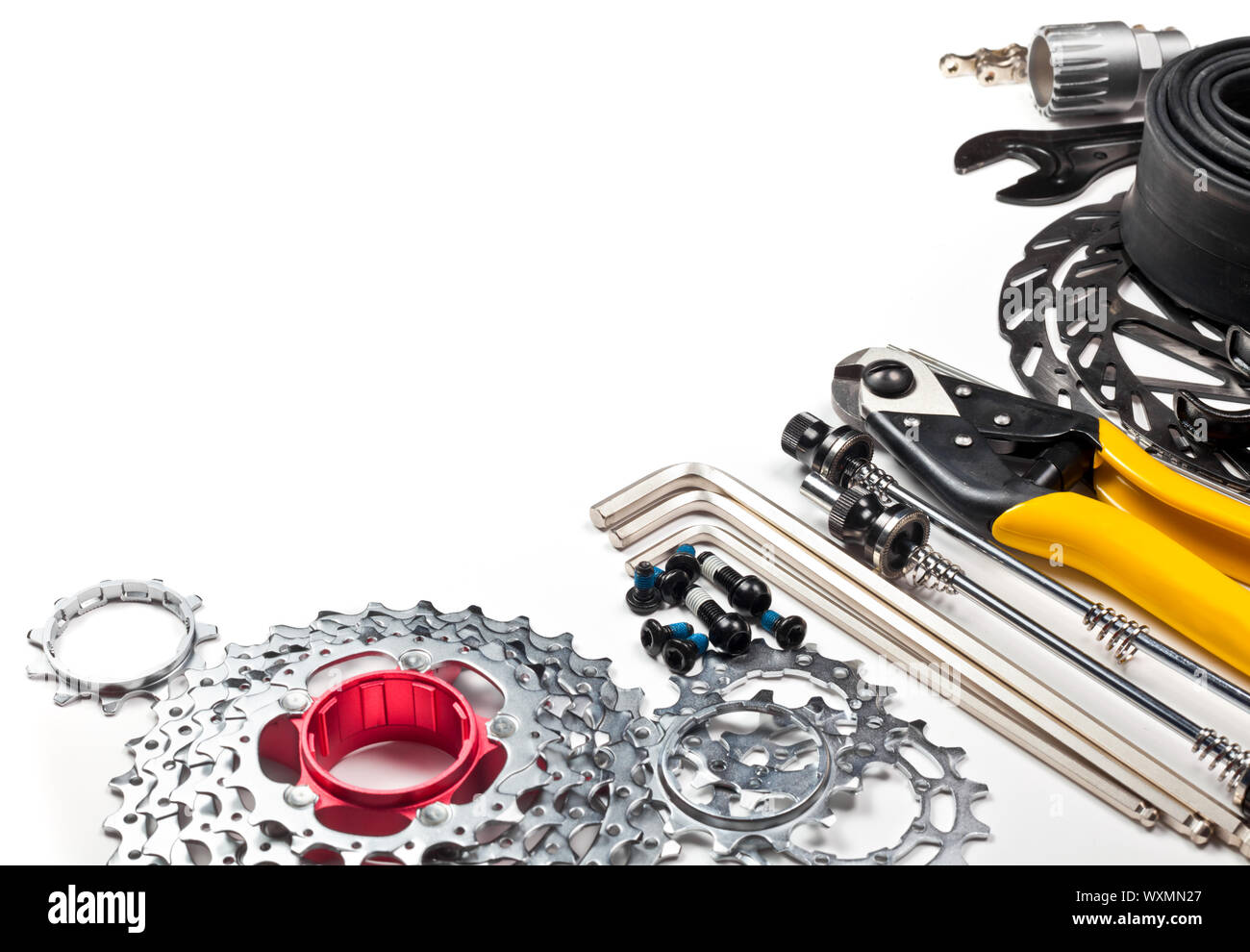 Mountain bike tools and spares on white background Stock Photo - Alamy