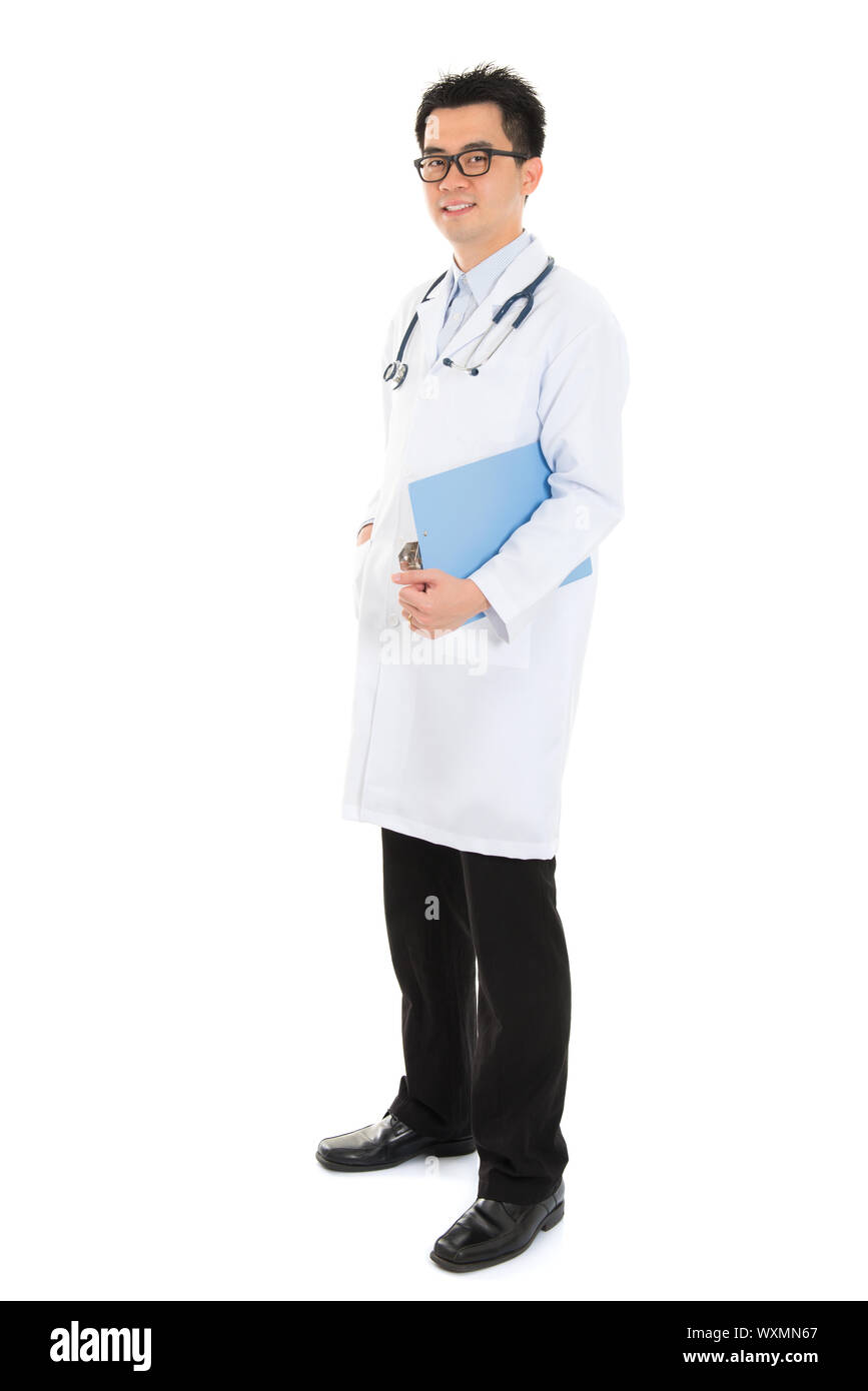 Full body Asian medical male doctor holding a clipboard with confident ...