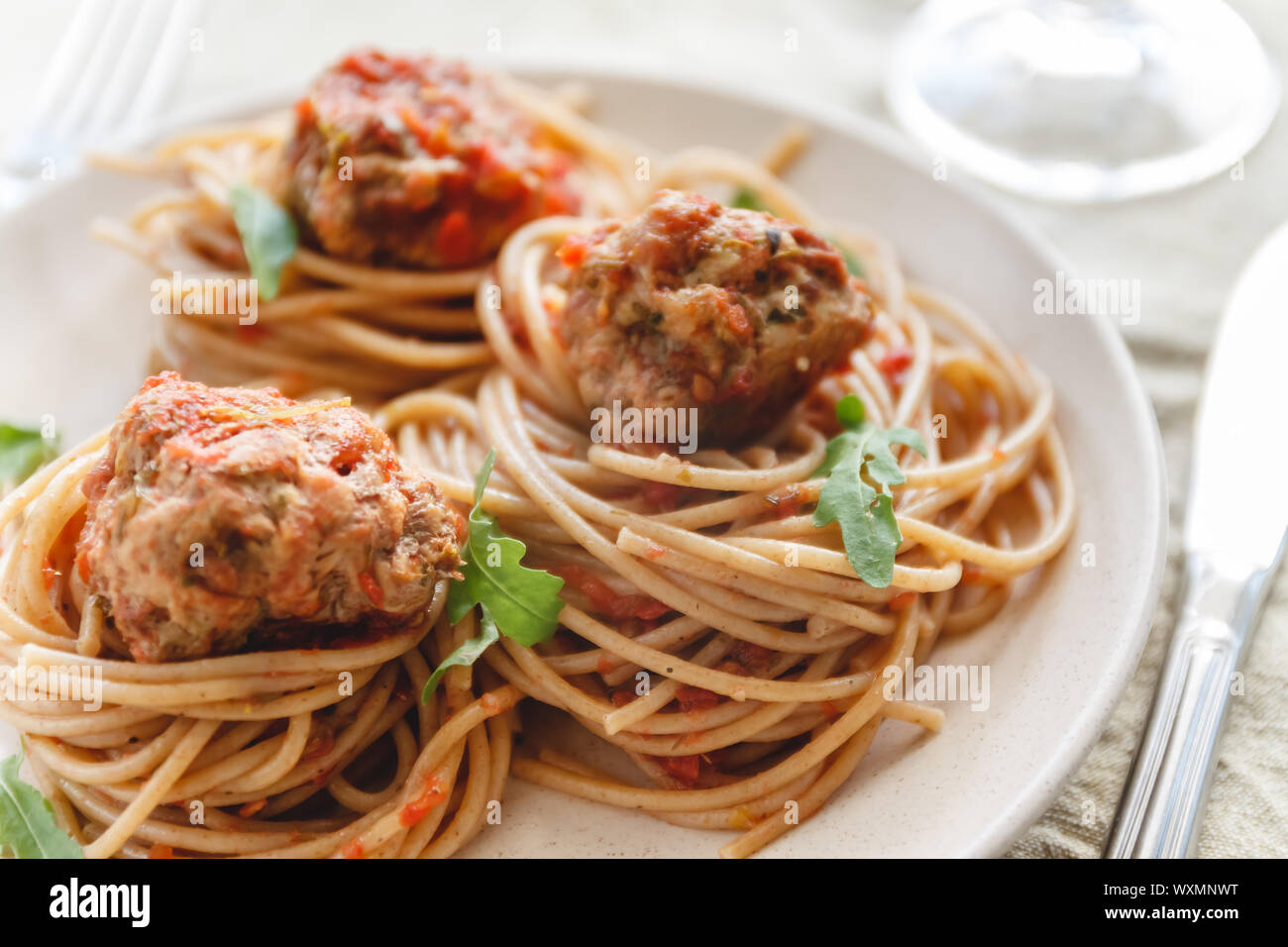 Original Italian Spaghetti With Meatballs In Tomato Sauce Stock Photo ...