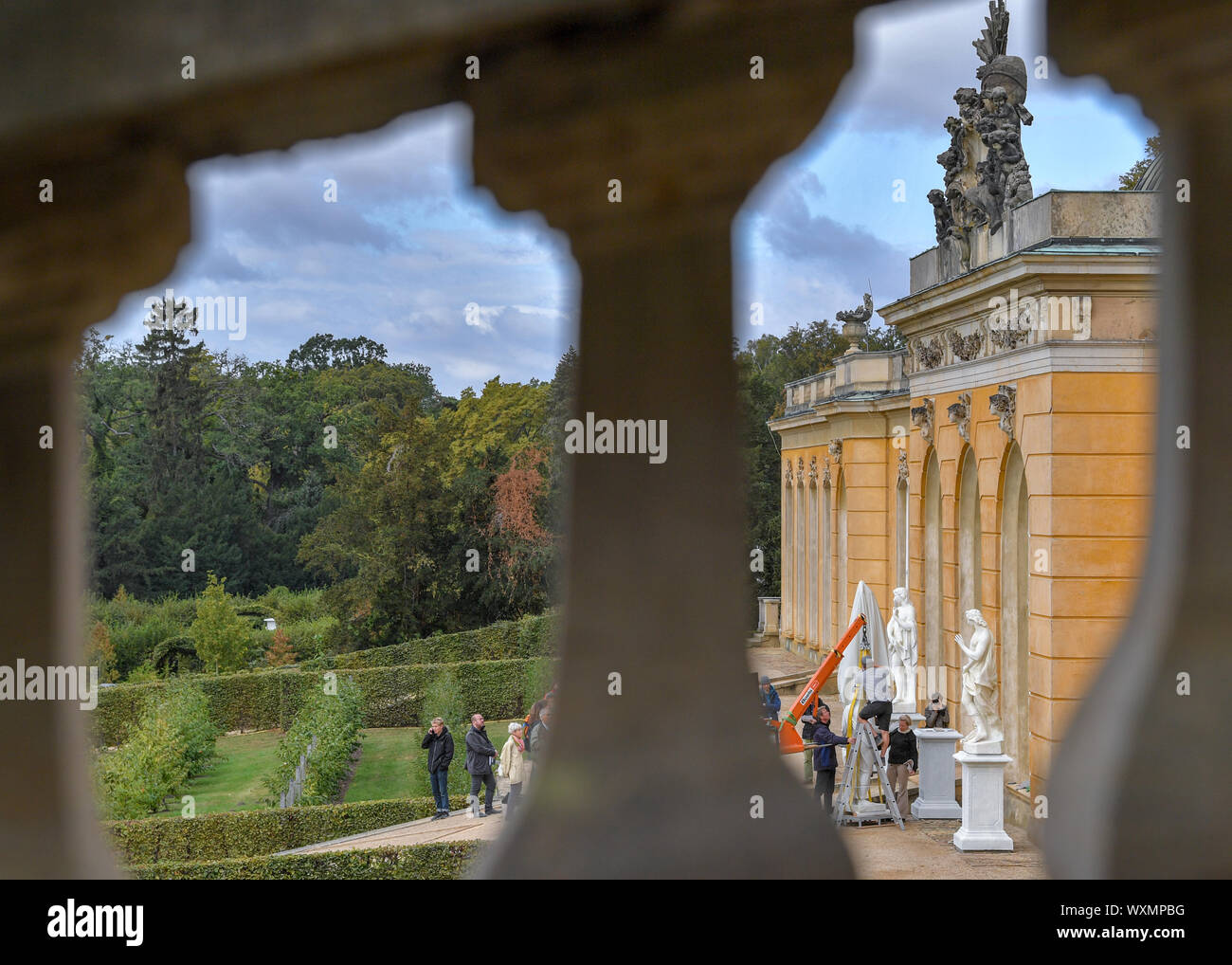 Potsdam, Germany. 17th Sep, 2019. Four restored sculptures (l-r) "Faun ...