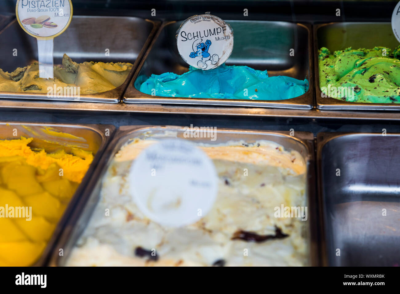 Bright blue Smurf ice cream for sale at a shop in Dresden, Germany ...