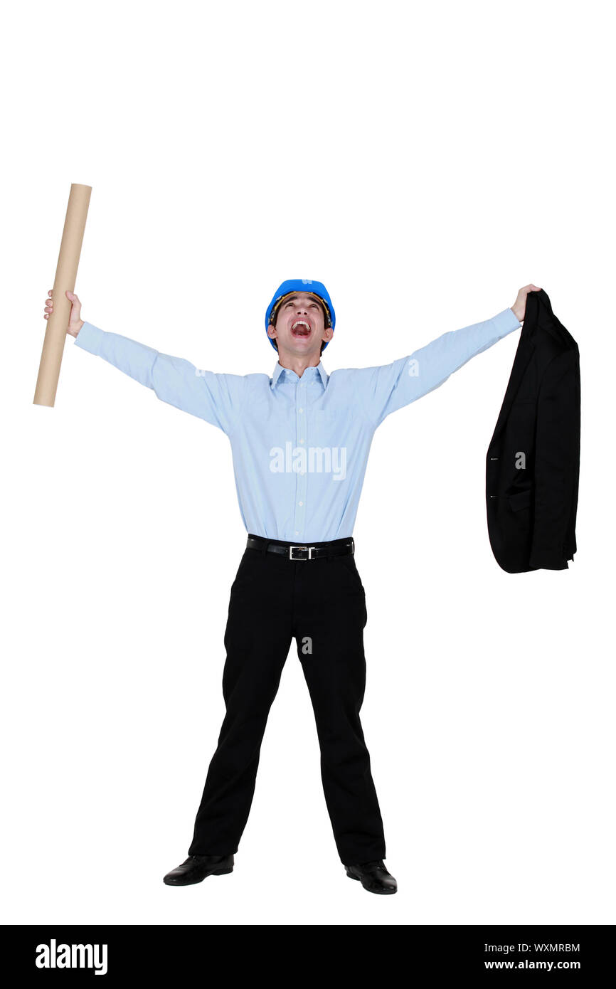 happy businessman raising his hands Stock Photo - Alamy