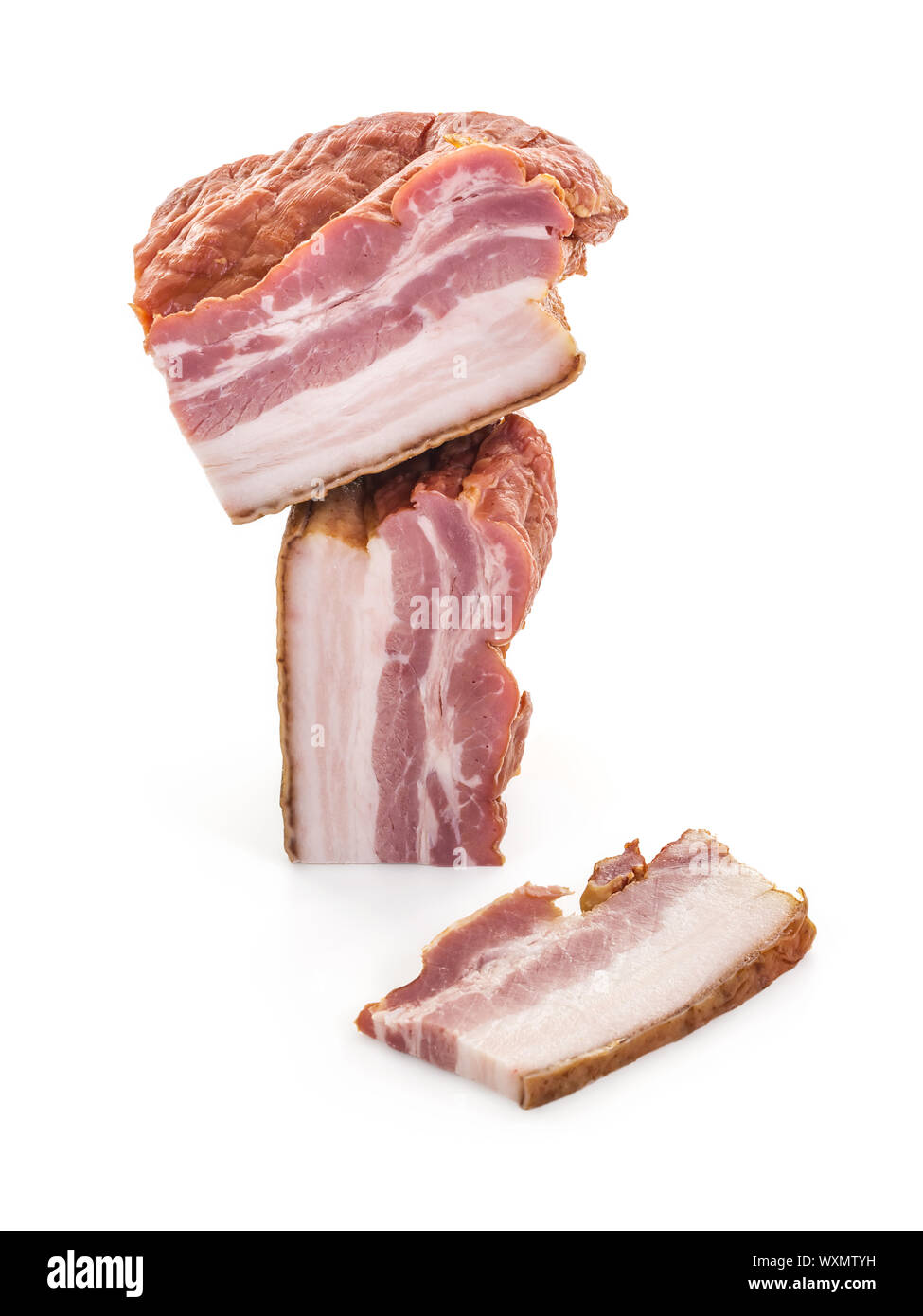 Three Big Cuts of Smoked Bacon over White Background, shallow focus ...