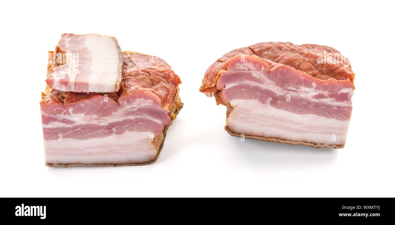 Three Big Cuts of Smoked Bacon over White Background, shallow focus ...