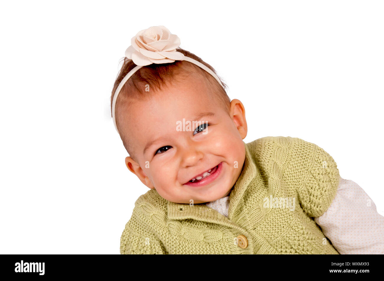 Little baby with smile on her face isolated on white background Stock ...