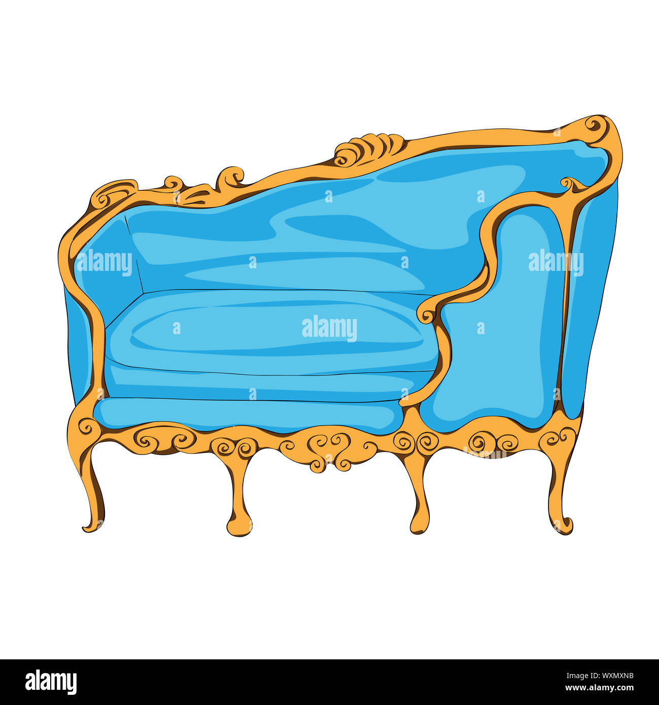 Rococo blue sofa hand drawn illustration, cartoon over a white ...
