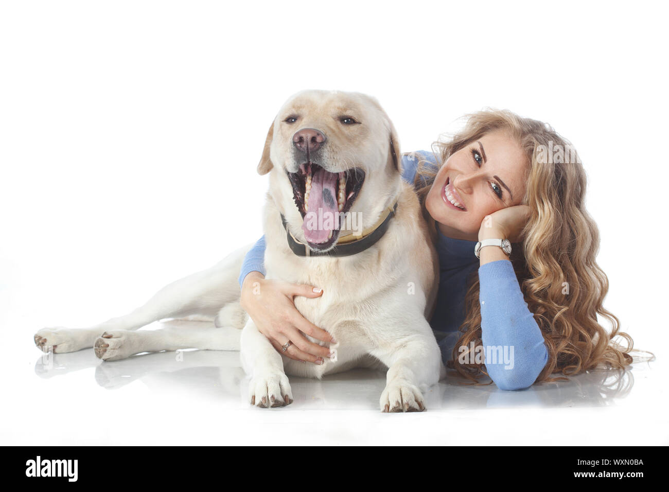 Portrait of happy girl with her dog isolated on white background Stock ...