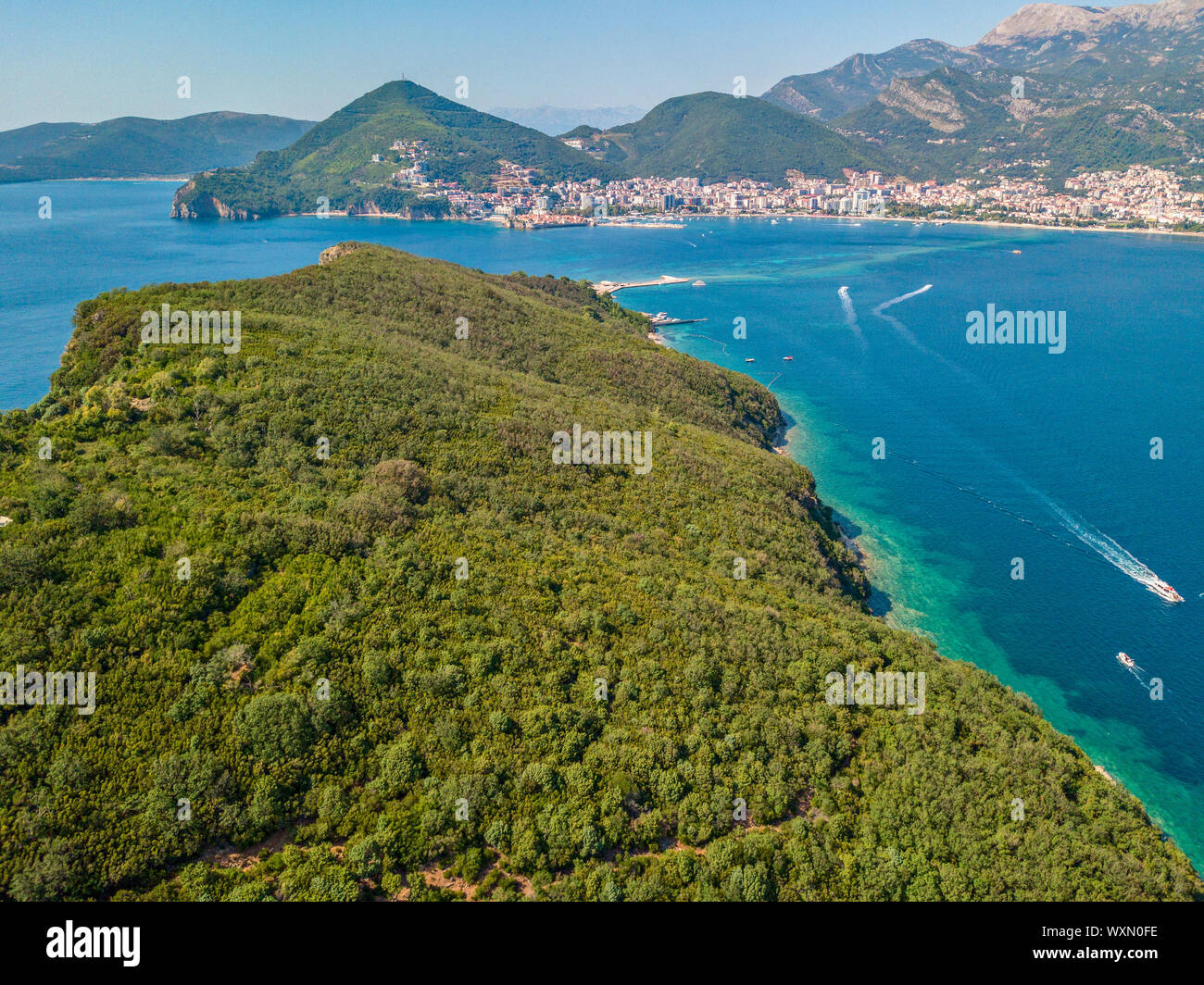 Aerial view of Sveti Nikola, Budva island, Montenegro. Jagged coasts ...