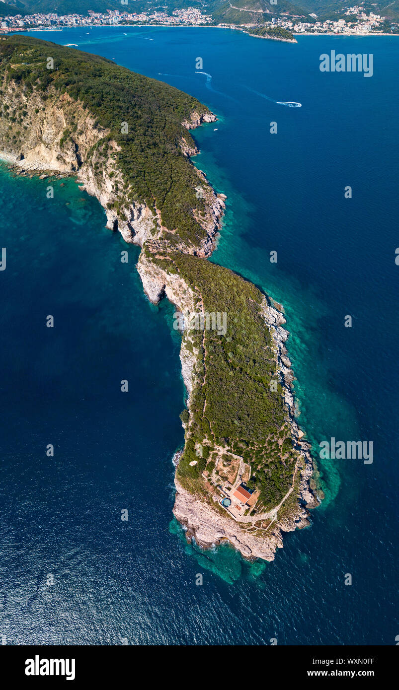 Aerial view of Sveti Nikola, Budva island, Montenegro. Jagged coasts ...