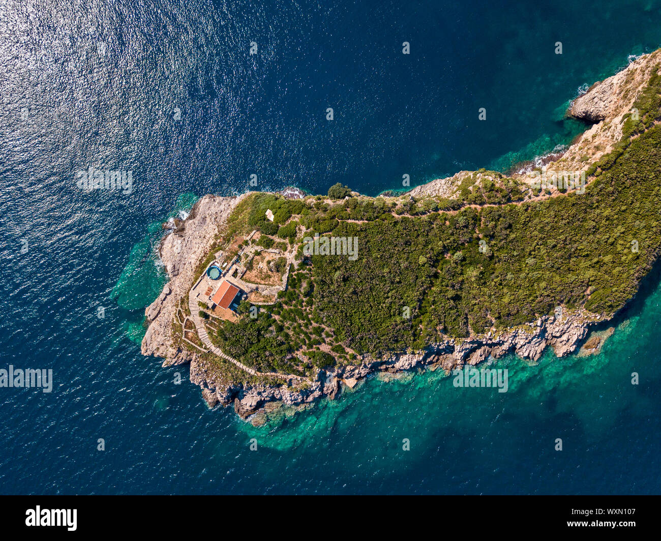Aerial view of Sveti Nikola, Budva island, Montenegro. Jagged coasts ...