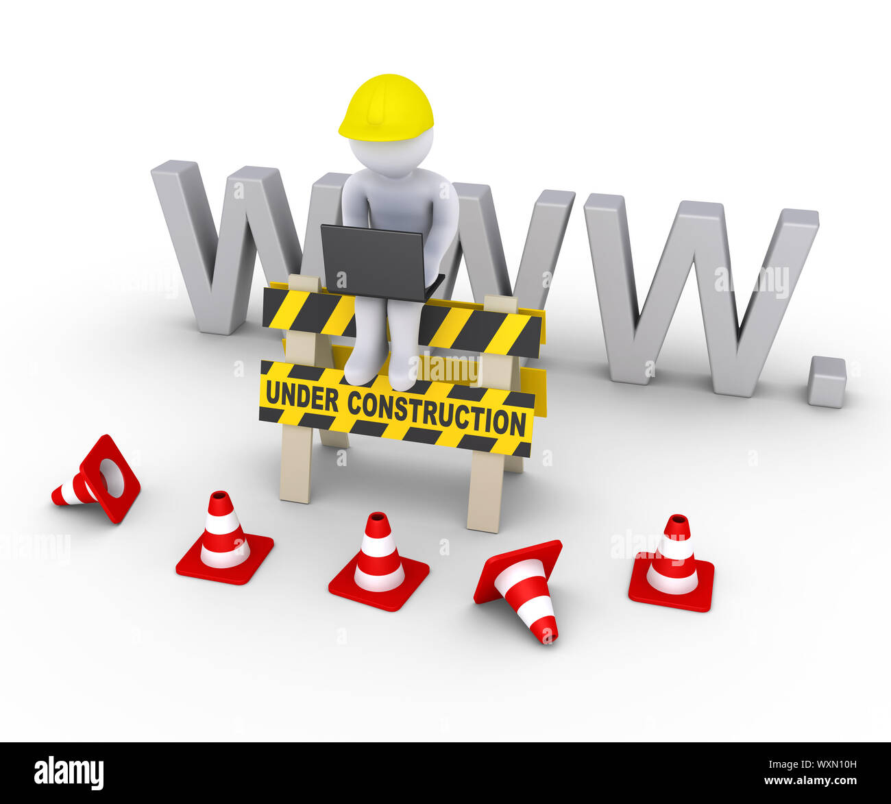 3d worker with laptop is sitting on an under construction sign in front ...