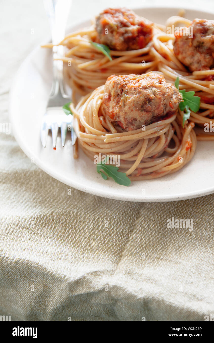 Original Italian Spaghetti With Meatballs In Tomato Sauce Stock Photo ...