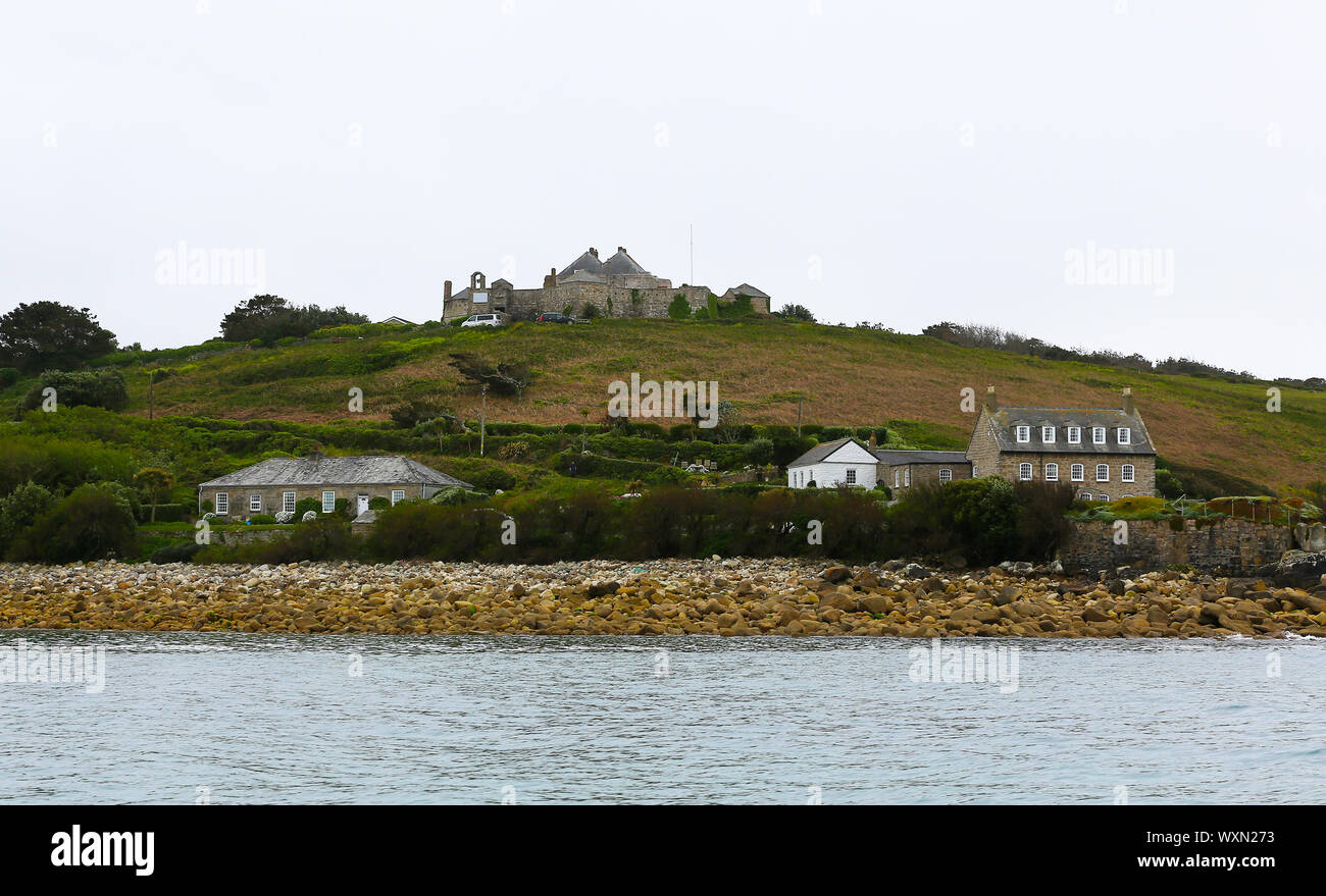 A view from the sea of The Star Castle Hotel on the Garrison, Hugh Town ...