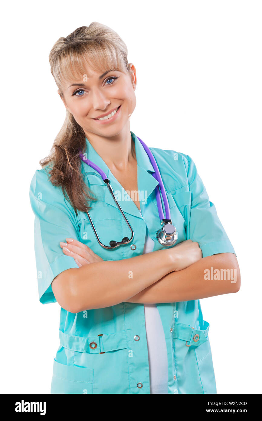 a friendly smiling female doctor isolated Stock Photo - Alamy