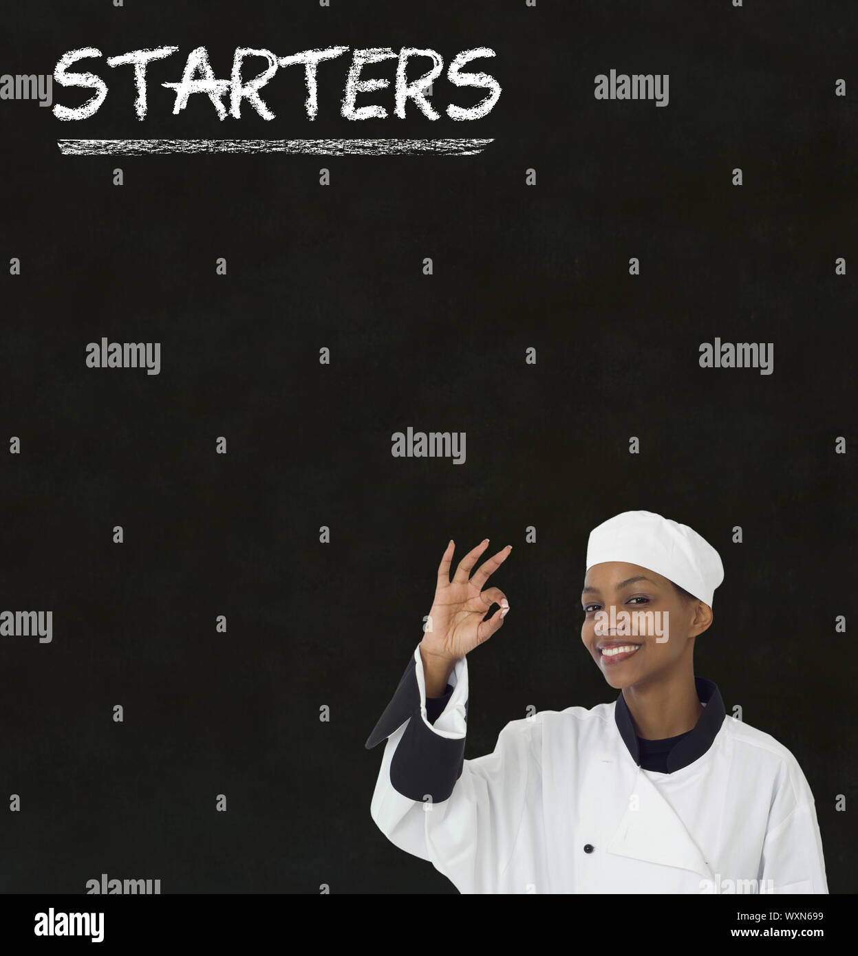 Chef with chalk starters sign written on blackboard background Stock ...