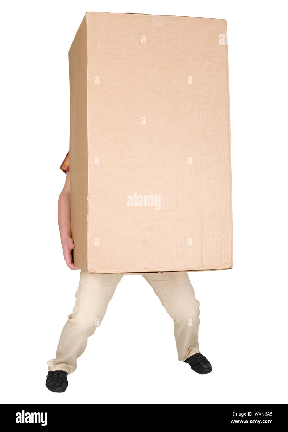 Man holding very heavy brown cardboard box on white Stock Photo - Alamy