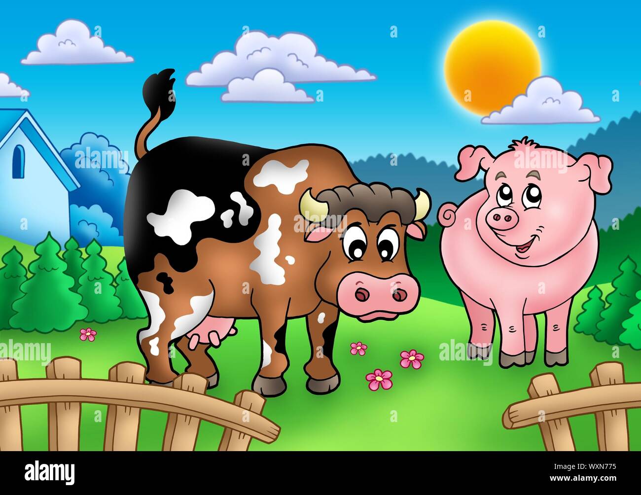 Cartoon cow and pig behind fence - color illustration Stock Photo - Alamy