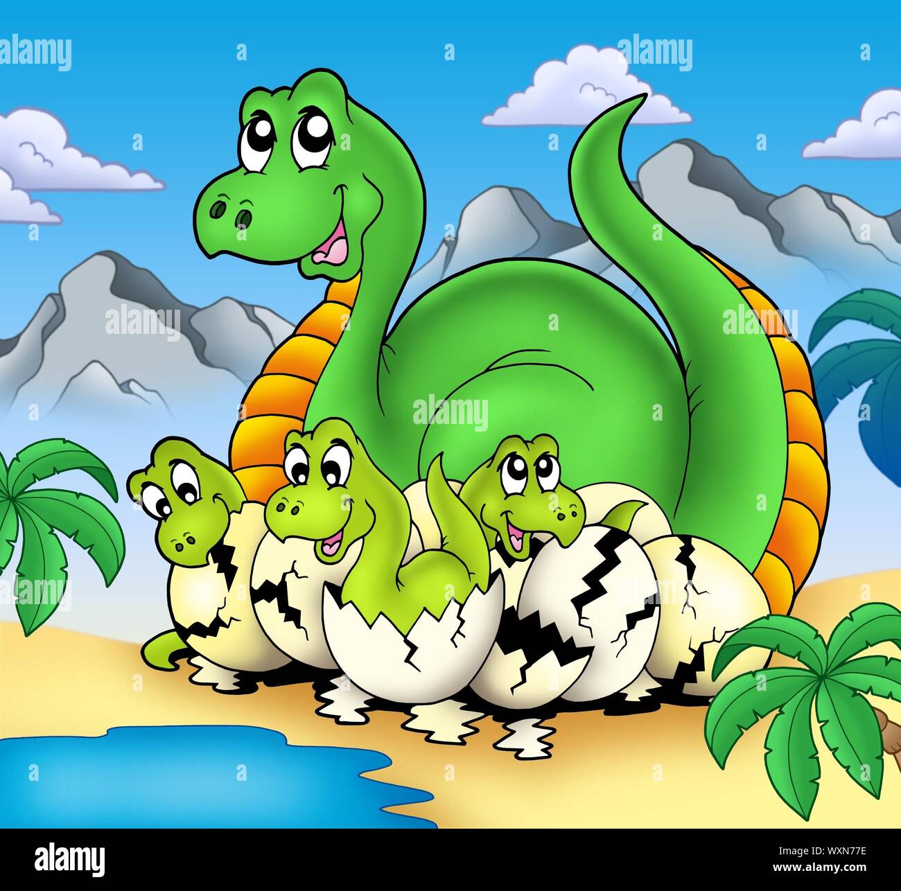 Dinosaur mom with little babies - color illustration Stock Photo - Alamy
