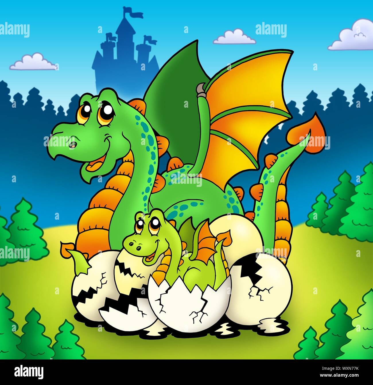 Dragon mom with baby in forest - color illustration Stock Photo - Alamy