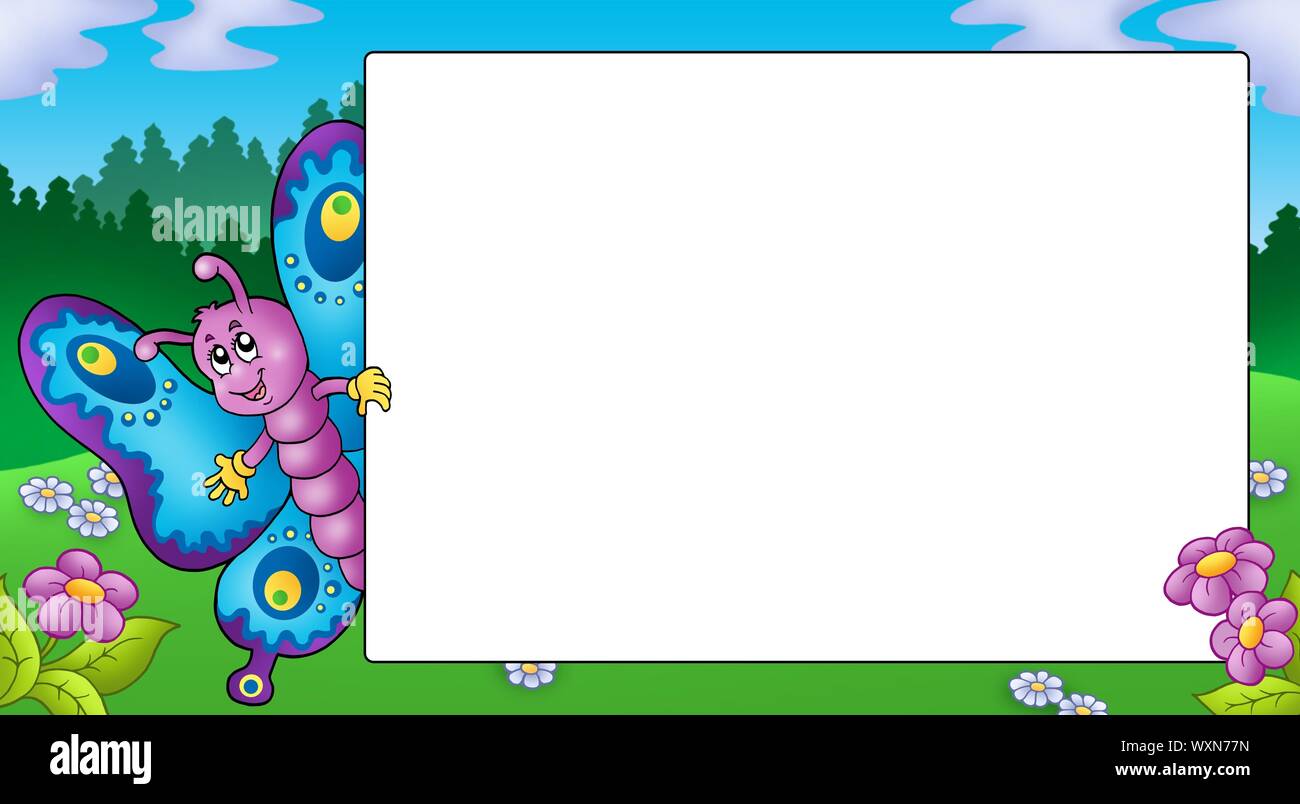 Frame with cute lurking butterfly - color illustration Stock Photo - Alamy