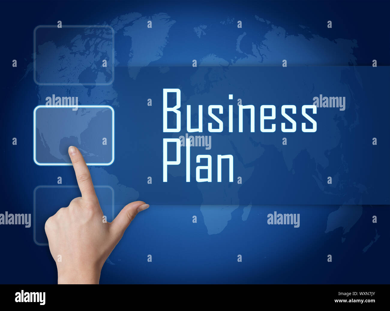 Business Plan concept with interface and world map on blue background ...